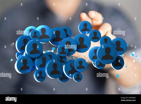 Businessman Tapping On A Floating Render Of Profile Icons Network