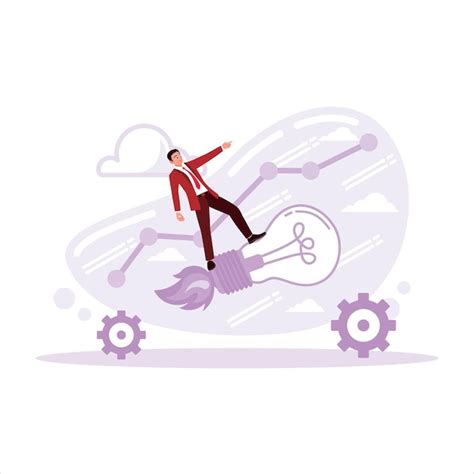 Premium Vector The Businessman Is Driving A Light Bulb Rocket On A