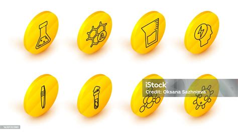 라인 박테리아 시험관 및 플라스크 화학 물질 핀셋 헤드 전기 기호 실험실 유리 제품 또는 비커 화학식 및 아이콘을 설정합니다