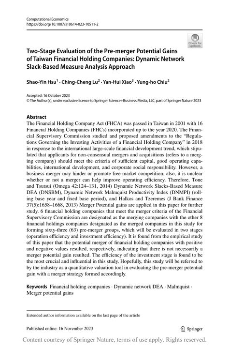 Two Stage Evaluation Of The Pre Merger Potential Gains Of Taiwan Financial Holding Companies