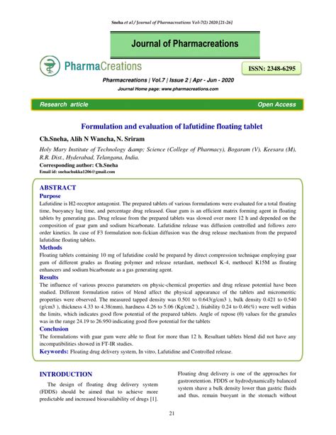 Pdf Formulation And Evaluation Of Lafutidine Floating Tablet