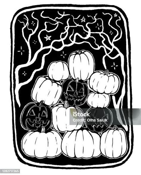 복고풍 스탬프 스타일 벡터 일러스트레이션 나무 근처 호박의 수확 할로윈 손으로 그린 그래픽 일러스트 스케치 스타일의 무서운 호박 포스터 인쇄 엽서 티셔츠 등의 디자인 0명에