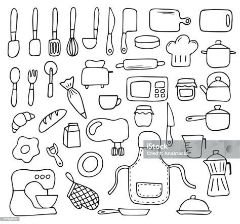 블랙 라인 핸드 드로잉 요리 낙서 베이킹 및 주방 도구 요소 세트 낙서 드로잉에 대한 스톡 벡터 아트 및 기타 이미지 낙서 드로잉 디자인 라인아트 Istock