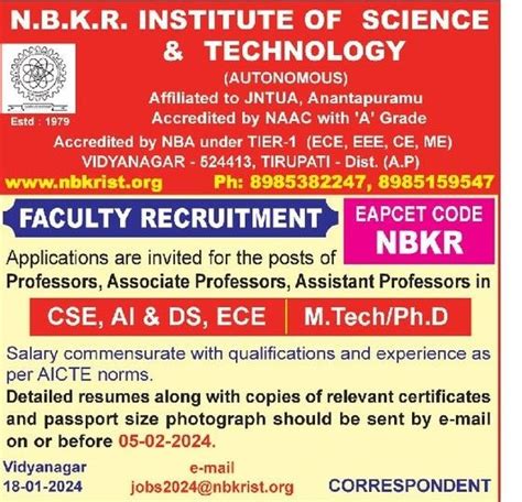 Nbkr Institute Of Science And Technology Tirupati Faculty Recruitment