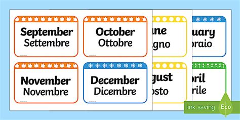 Black And White Months Of The Year Flash Cards English Italian