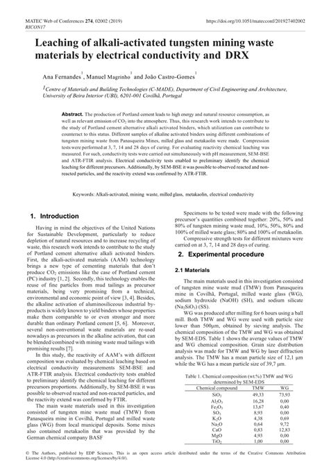 Pdf Leaching Of Alkali Activated Tungsten Mining Waste Materials By