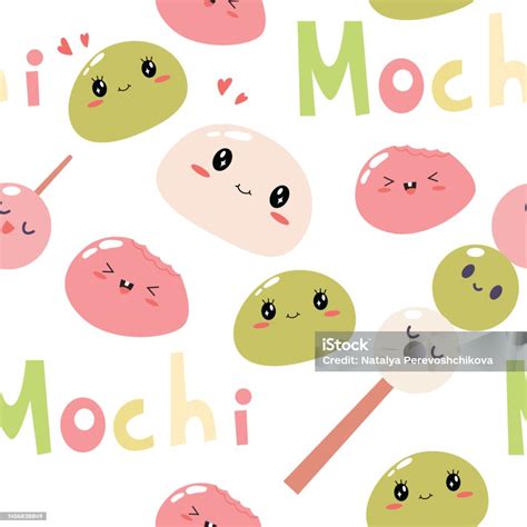 원활한 패턴 귀여운 캐릭터 디저트 떡 인쇄 섬유 벽지를위한 만화 클립 아트 카와이 음식 전통 일본 요리 격리된 배경에 벡터 플랫 일러스트레이션입니다 Washoku에 대한