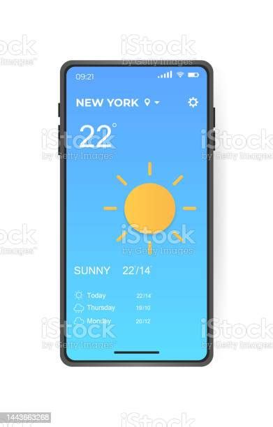 날씨 응용 프로그램 사용자 인터페이스 Ui Ux 요소 날씨 응용 프로그램과 현실적인 스마트 폰 벡터 일러스트 레이션 개념 0명에 대한 스톡 벡터 아트 및 기타 이미지