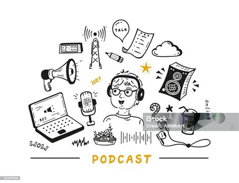 팟캐스트 쇼 낙서 아이콘 벡터 세트입니다 저널리스트 라디오 진행자 또는 블로거 마이크와 다른 팟 캐스트 장비 및 항목에서 말하는 손으로 그린 젊은 남자 커뮤니케이션면접 개념