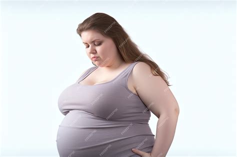 Very Fat Young Woman With Big Belly And Thighs Posing On White