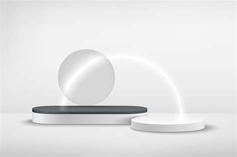 네온 의 빛나는 투명 유리 반지 배경으로 현대 흰색과 검은 색 실린더 단계 연단 광고 제품 디스플레이에 대한 추상 벡터 렌더링 3d 셰이프입니다 최소한의 장면 스튜디오 룸