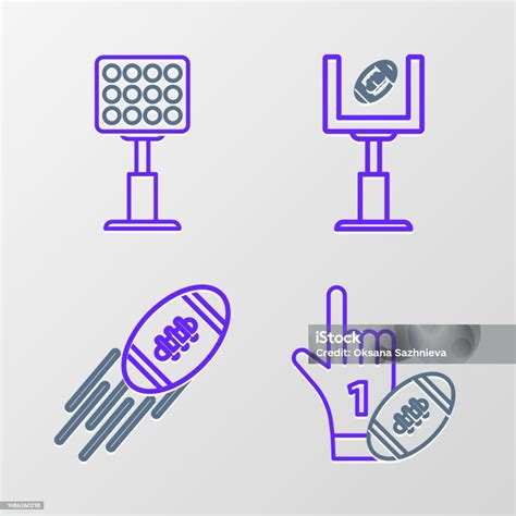 1번 라인 세트 손가락을 들고 미식축구 공 미식축구 골 포스트 및 밝은 경기장 조명 아이콘이 있는 팬 핸드 글러브 1번 벡터 Championship에 대한 스톡 벡터 아트