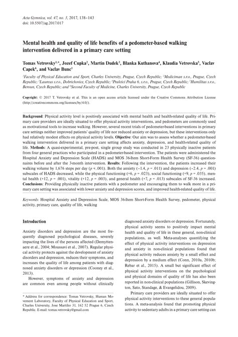Pdf Mental Health And Quality Of Life Benefits Of A Pedometer Based Walking Intervention