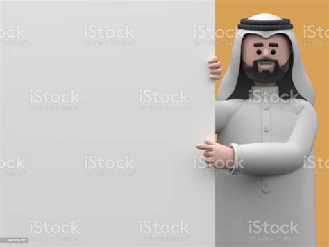 웃고 있는 아랍 남자 하디가 빈 프리젠테이션이나 정보 게시판을 손가락으로 가리키는 3d 그림 광고 플래카드로 웃고 있는 귀여운 만화 사업가의 초상화를 닫습니다 3차원 인쇄에