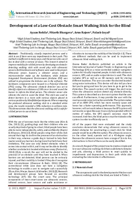 pdf irjet development of a low cost obstacle smart walking stick for