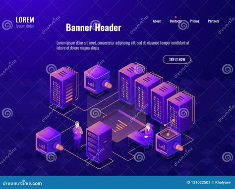 big data processing isometric icon server room people working in the