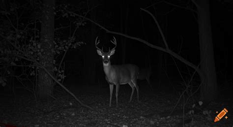 A Deer With Glowing Eyes Stands In A Dark Forest At Night Captured By