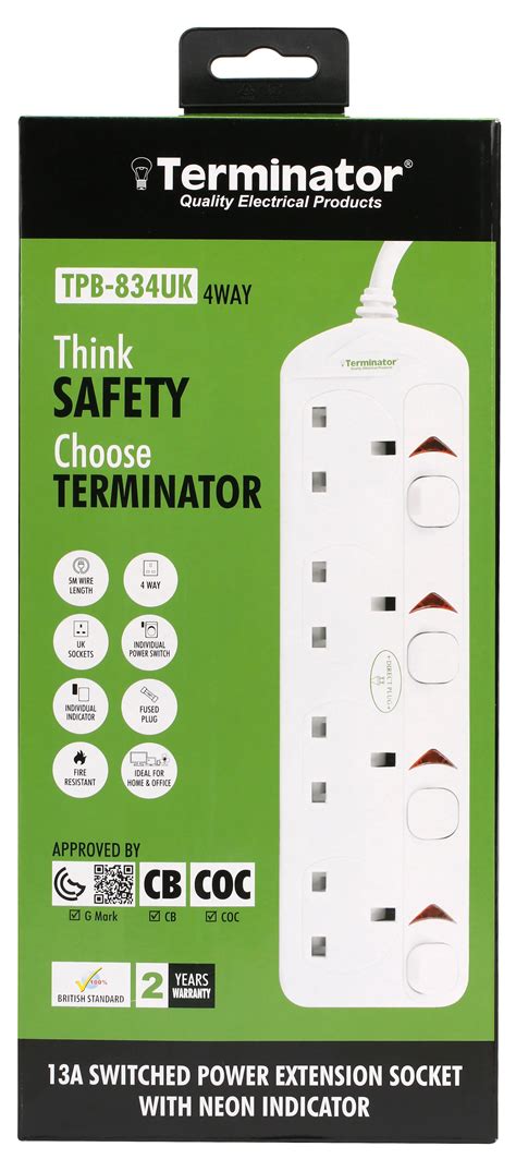 Terminator 4 Way Uk Power Extension Socket With Individual Switches 5m 1 25mm2 Cable 13a Plug