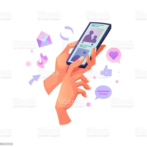 소셜 미디어 통신 채팅 하트 및 메시지 표지판이있는 모바일 응용 프로그램과 함께 스마트 폰을 들고있는 손 사람들의 상호 작용