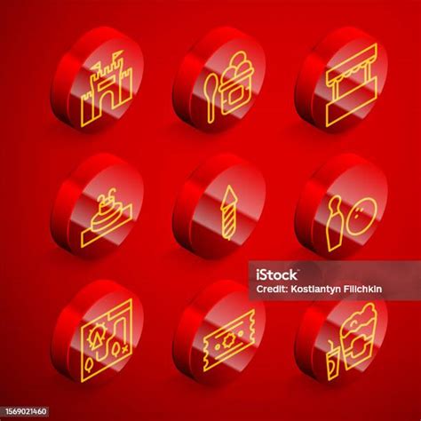 라인 성 그릇에 아이스크림 매표소 분수 불꽃 로켓 볼링 핀과 공 놀이 공원지도 및 아이콘을 설정합니다 벡터 3차원 형태에 대한