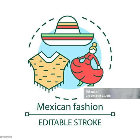 멕시코 패션 컨셉 아이콘입니다 남미 전통 옷입니다 판초 솜브레로 여성 롱 레드 드레스 아이디어 얇은 라인 일러스트 벡터 절연 윤곽선 도면 편집 가능한 스트로크 개념에 대한
