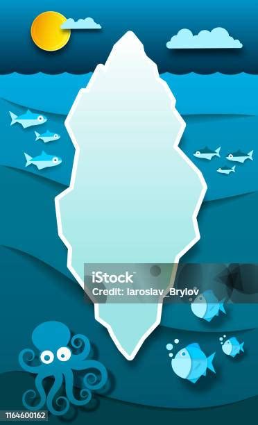 물고기와 문어 벡터와 남극 깊은 차가운 바다에서 종이 빙산 빙산 얼음 형태에 대한 스톡 벡터 아트 및 기타 이미지 빙산 얼음 형태 종이접기 개념 Istock