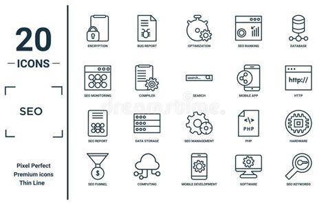 Seo Linear Icon Set Includes Thin Line Encryption Seo Monitoring Seo Report Funnel Keywords