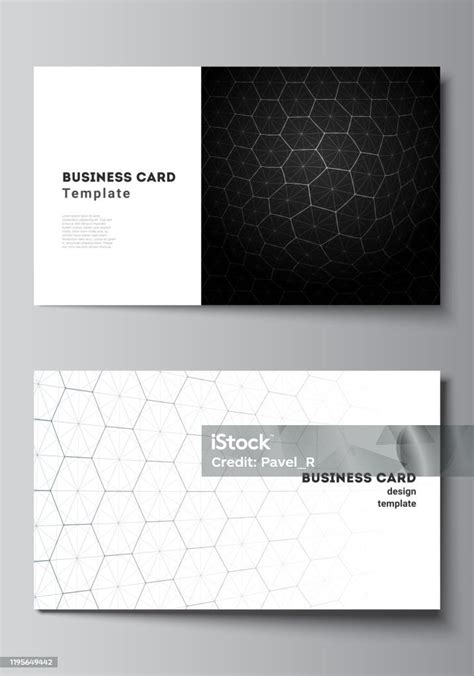 두 개의 창조적 인 명함 디자인 템플릿의 벡터 일러스트 레이아웃 육각형이 있는 디지털 기술과 빅 데이터 개념 점과 선을 연결하는 다각형 과학 의학 배경 0명에 대한 스톡