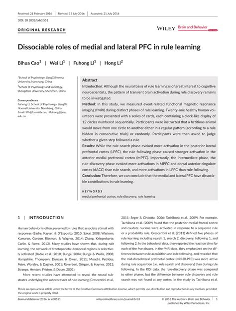 Pdf Dissociable Roles Of Medial And Lateral Pfc In Rule Learning