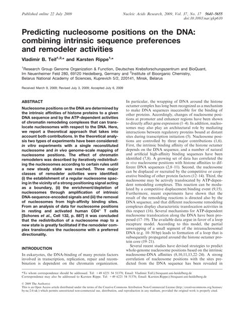 Pdf Predicting Nucleosome Positions On The Dna Combining Intrinsic Sequence Preferences And