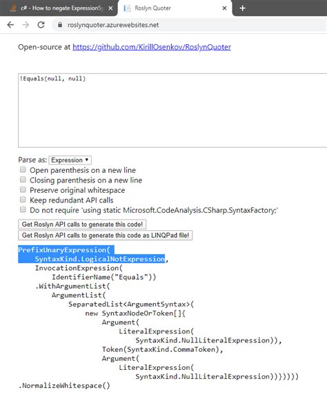 C How To Negate Expressionsyntax Using Roslyn Stack Overflow