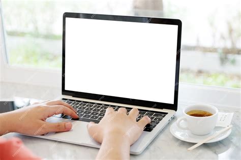 Premium Photo Man Hands Typing Laptop Computer With Blank Screen