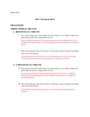 Report Sheet Lab RLC Circuits Docx Report Sheet RLC Circuits Lab PROCEDURE THREE SIMPLE