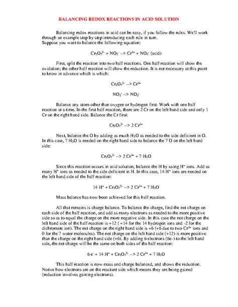 Balancing Redox Reactions In Acid Solution Balancing Redox Reactions