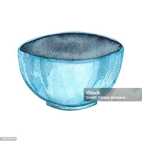 수채화 일러스트레이션 샐러드 나 수프를위한 큰 깊은 그릇 주방 용품 흰색 배경에 고립 된 요소 보울에 대한 스톡 벡터 아트 및