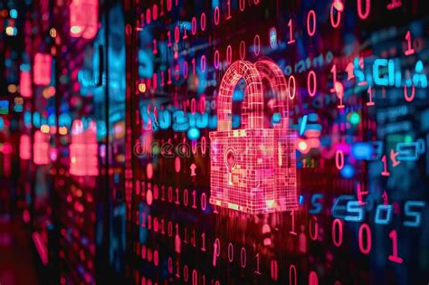neon lit padlock with data lines and binary code in digital space stock