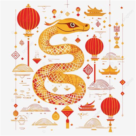 뱀의 해를 축하하는 미니멀한 평면 디자인 전통 중국 모티프를 통해 구불구불한 황금 뱀으로 뱀은 등불과 기하학적 물결 패턴을 포함한 빨간색과 금색 악센트로 둘러싸여 있어
