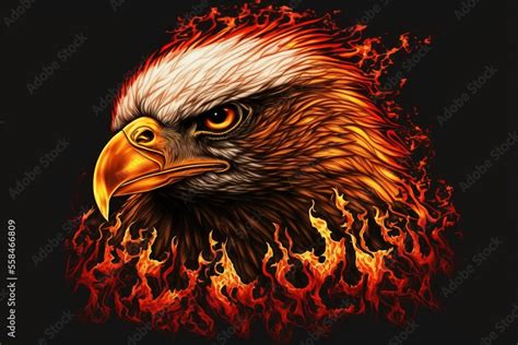 A Bald Eagle With Flames On Its Head And A Black Background With Red