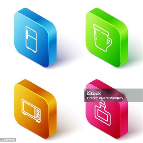 아이소메트릭 라인 냉장고 커피 컵 전자레인지 및 소스 병 아이콘을 설정합니다 벡터 3차원 형태에 대한 스톡 벡터 아트 및 기타 이미지 3차원 형태 가정 생활 가정