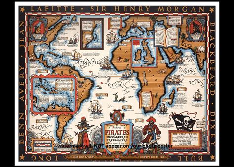 16x20 Pirates Map Poster Photo Blackbeard Ships Treasure World Pirates