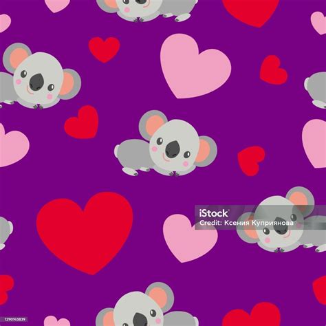 세인트 발렌타인 데이 매끄러운 패턴 아기 코알라거짓말과 미소 만화 스타일 재미 있고 귀엽다 빨강 분홍색 하트 보라색 배경 엽서
