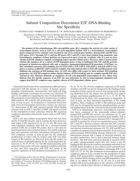 pdf subunit composition determines e2f dna binding site specificity