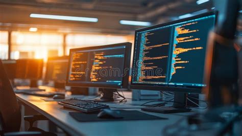 Evening Office Space With Multiple Computer Screens Displaying Digital