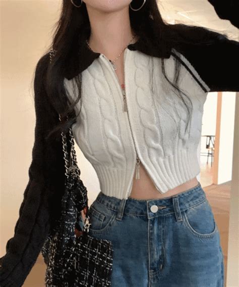 투웨이 꽈배기 니트 카라 집업 에이블리