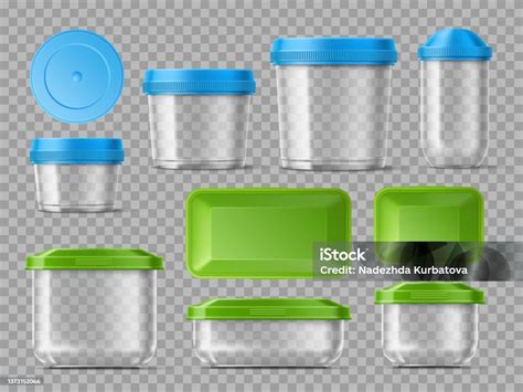 투명 식품 용기 모형 컬러 캡이 있는 사실적인 플라스틱 제품 상자 식사 저장 포장 둥근 사각형 투명 항아리 분리 된 냄비와 뚜껑 벡터 3d 패키지 세트 0명에 대한 스톡