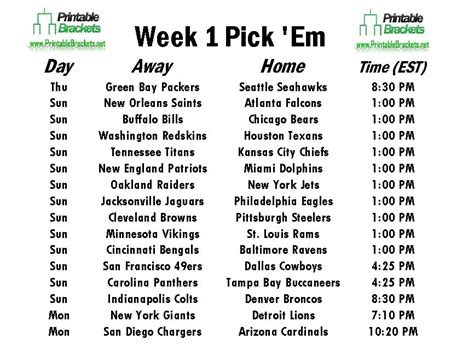 Week 1 Nfl Schedule Printable