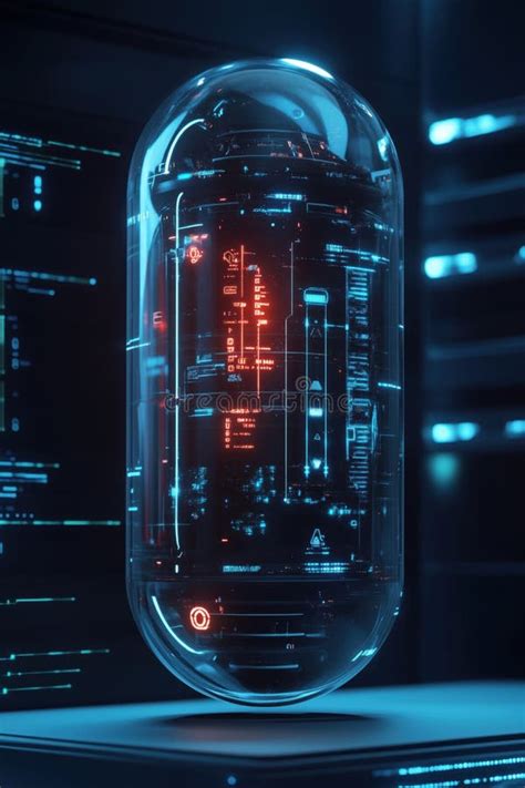 futuristic holographic capsule displaying advanced technology and data