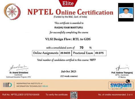 Raghuram Marturi On Linkedin I Am Happy Share My Nptel Certification On Vlsi Design Flow Rtl To