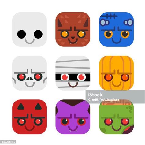 벡터는 평면 디자인 스타일에 귀여운 괴물 아이콘 설정합니다 유령 늑대 인간 프랑 켄 슈 타인 해골 엄마 호박 악마 뱀파이어 좀비 10월에 대한 스톡 벡터 아트 및 기타