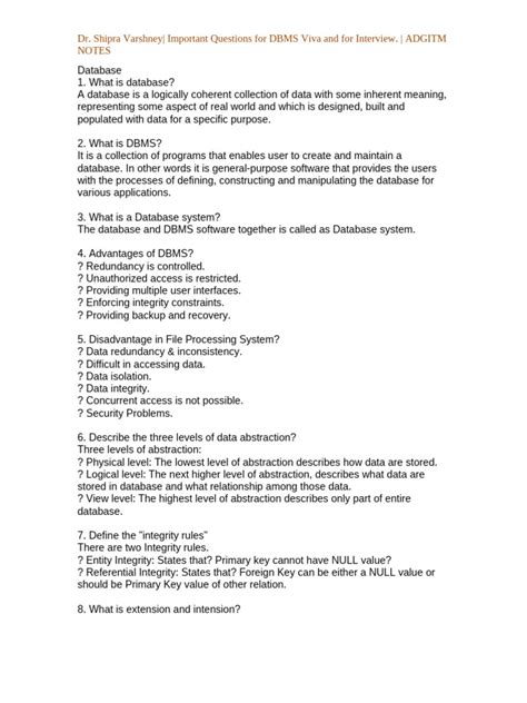 Dbms Lab Viva Voce Questions Important Pdf Databases Relational Database